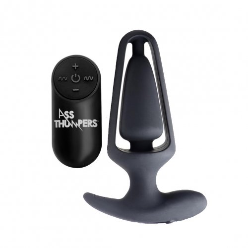 Ass Thumpers Power Plug 7x Silicone Rechargeable Hollow Anal Plug With Remote Control Black 
