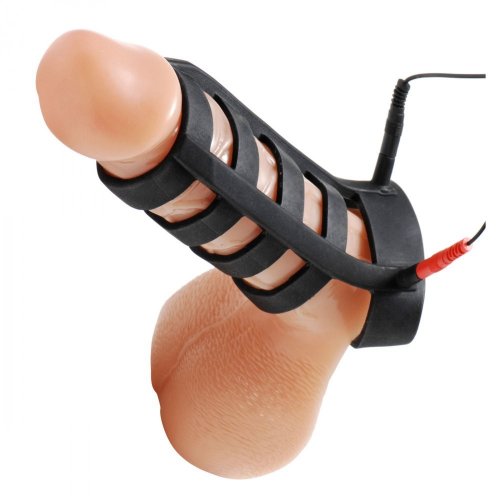 Zeus Silicone Power Cage E-Stim Cock and Ball Sheath - Black Sex Toy - HotMovies